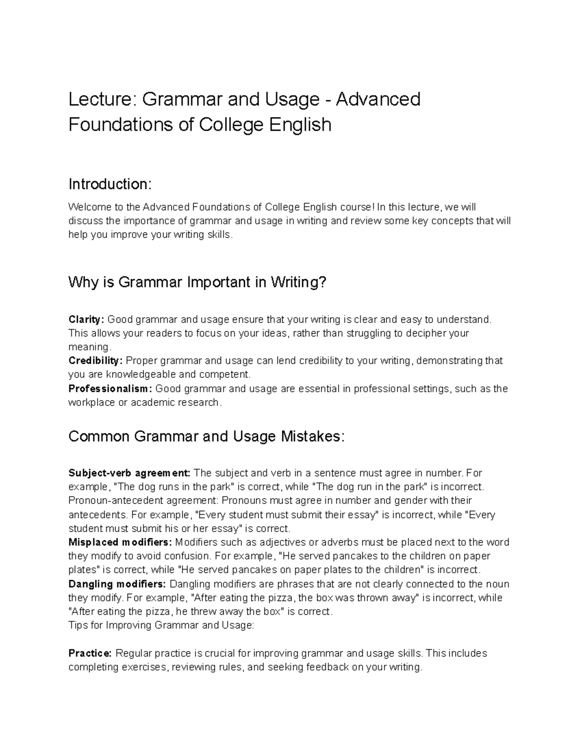 Advanced Foundations of College English (EGL-0090) Lecture 4 - Grammar ...