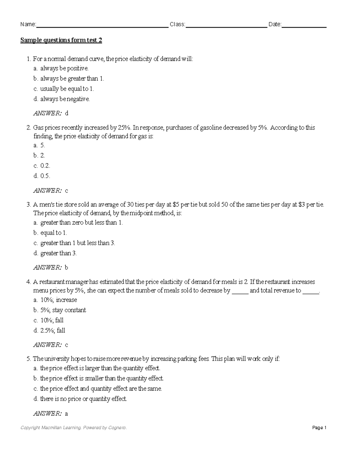 Sample questions for test 2 With Answers - - Studocu