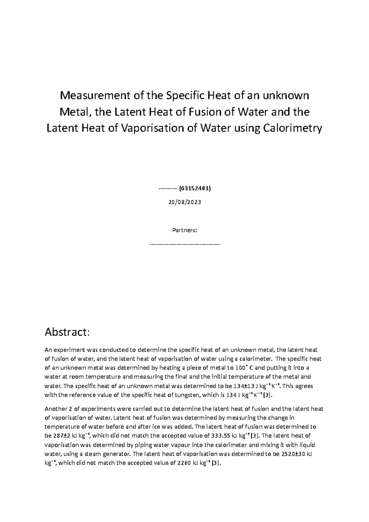 PHYS101 lab formal report - Measurement of the Specific Heat of an ...