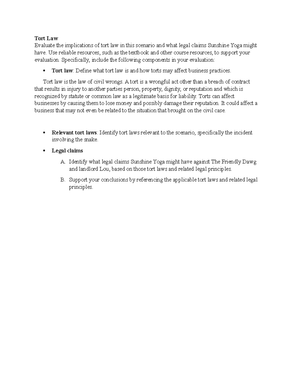 Tort Law - bus 206 tort law assignment - Tort Law Evaluate the ...