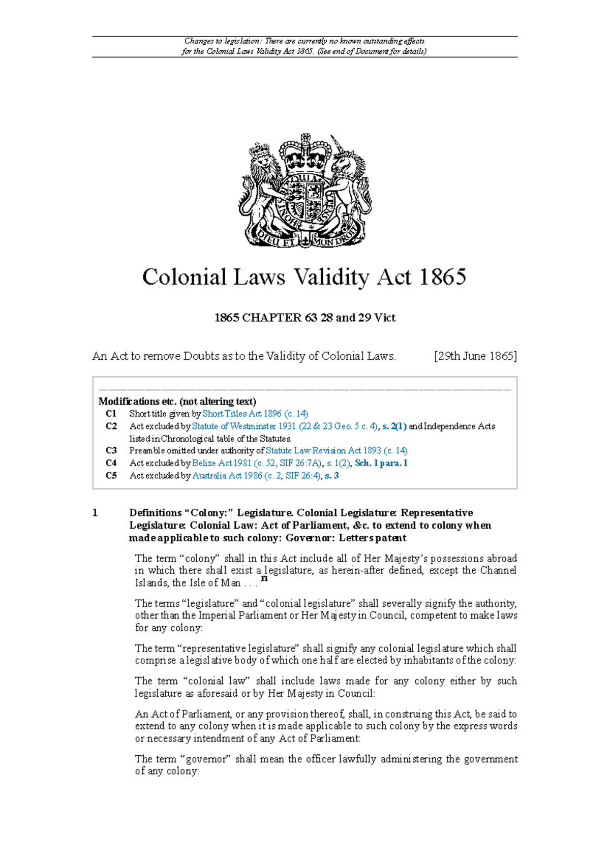 Colonial Laws Validity Act 1865 (Imp) - (See end of Document for ...