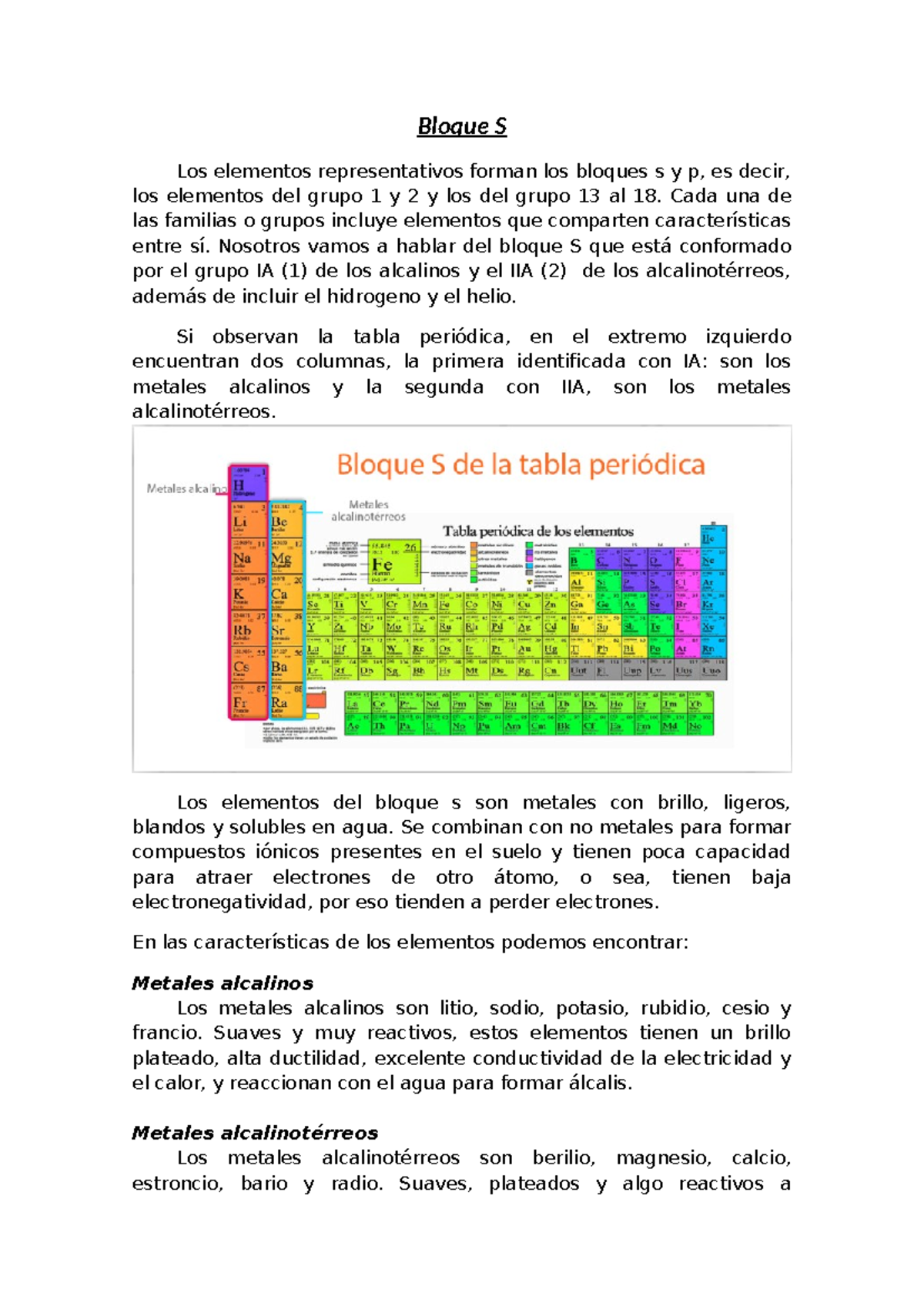 Bloque S - Bloque S Los elementos representativos forman los bloques s y p, es decir, los ...