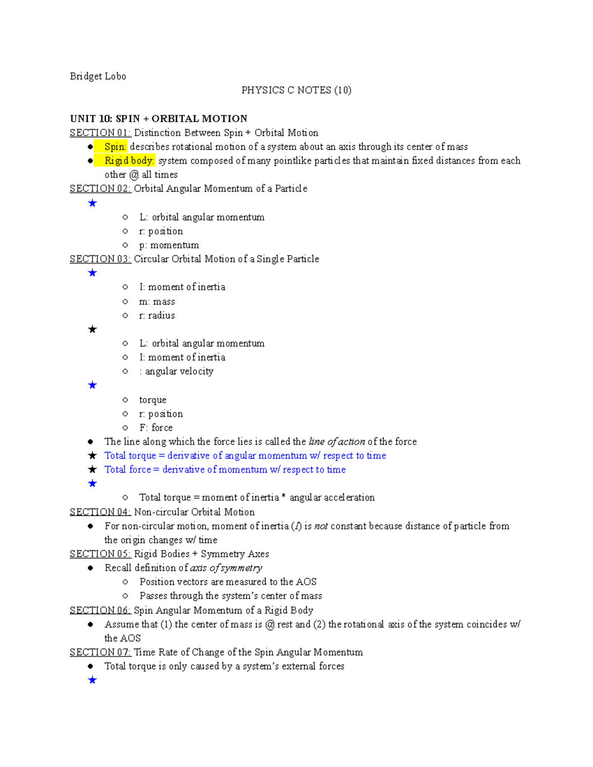 Ch. 10 spin + orbital motion - Bridget Lobo PHYSICS C NOTES (10) UNIT ...