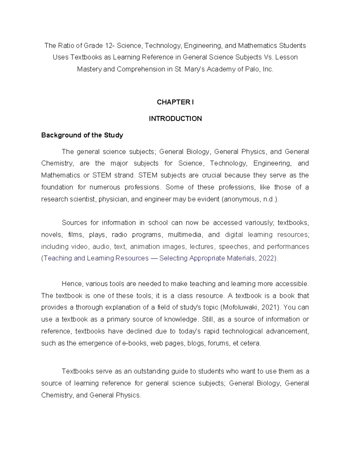 Chapter I final - The Ratio of Grade 12- Science, Technology ...