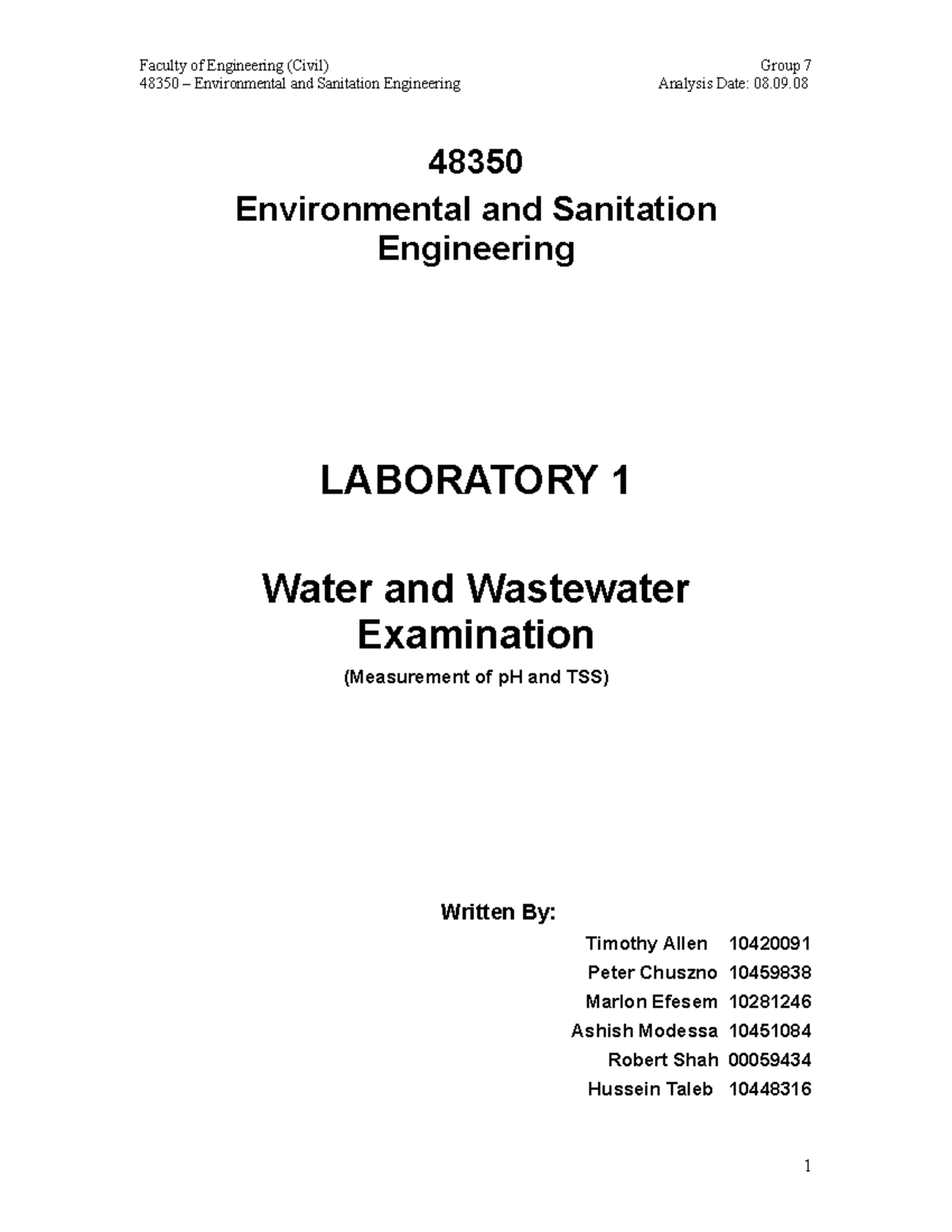 Laboratory 1- Final Version - 48350 – Environmental and Sanitation ...