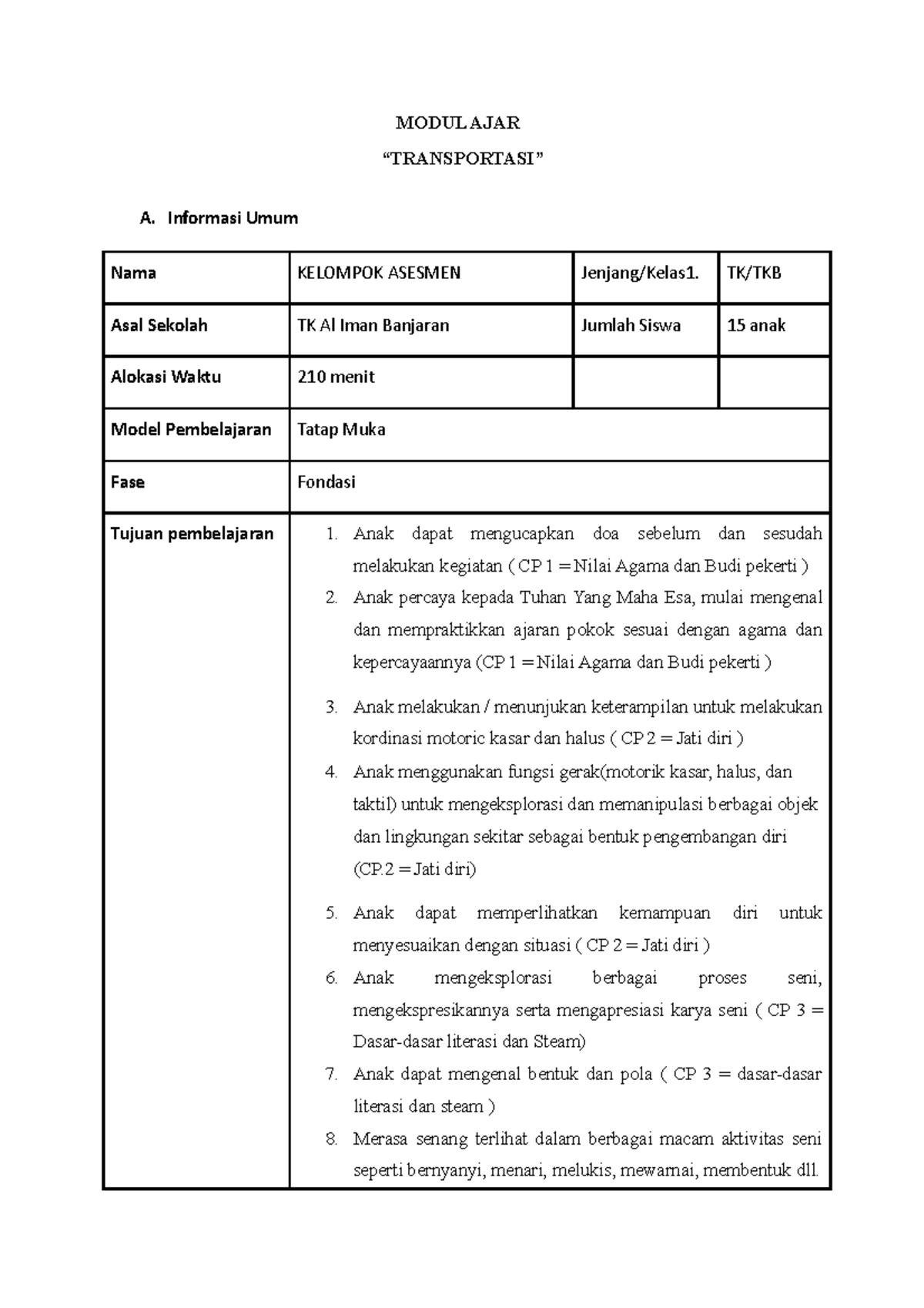 Modul AJAR Pengimbasan - MODUL AJAR “TRANSPORTASI” A. Informasi Umum ...