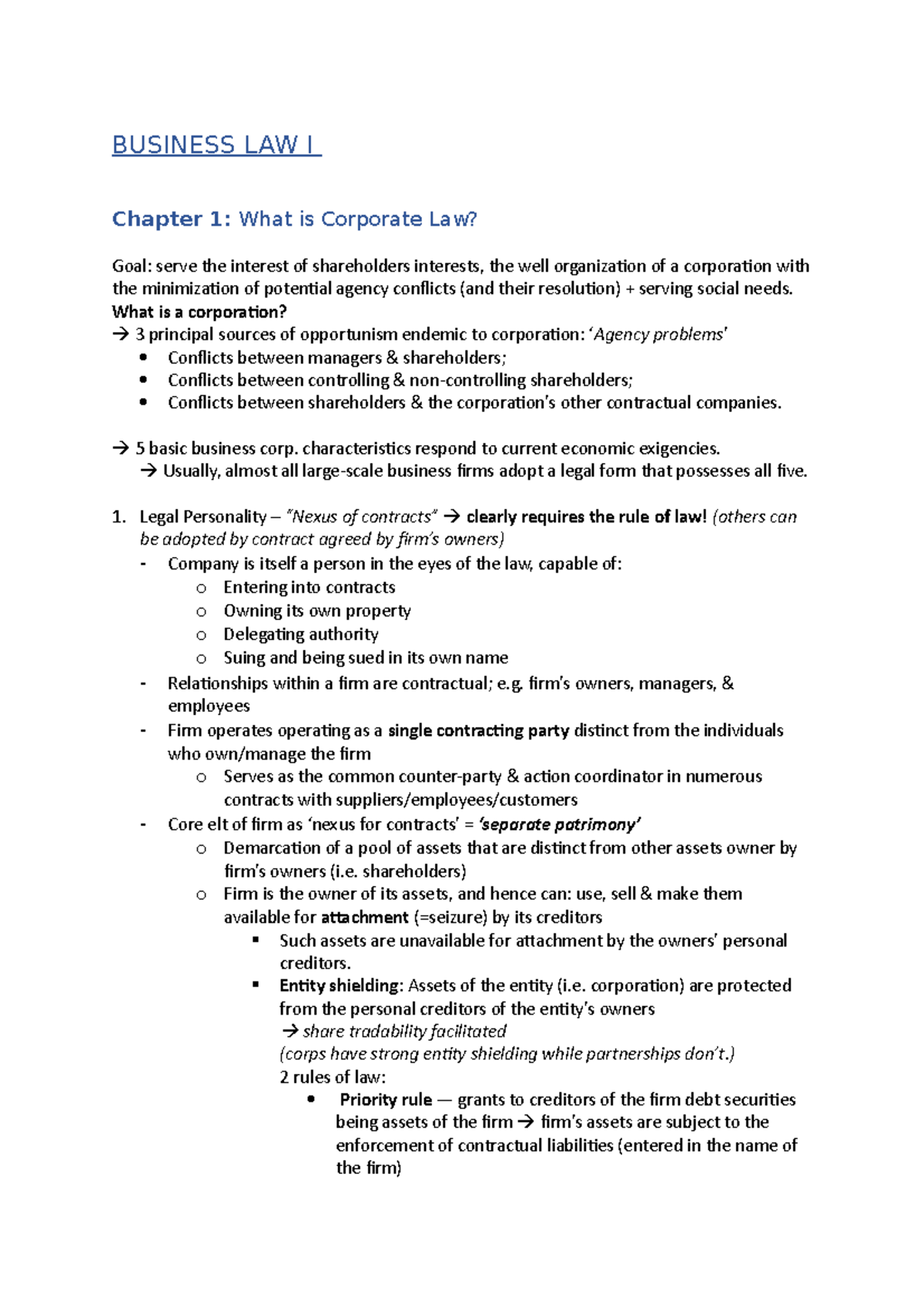 BLI Notes for final - BUSINESS LAW I Chapter 1: What is Corporate Law ...
