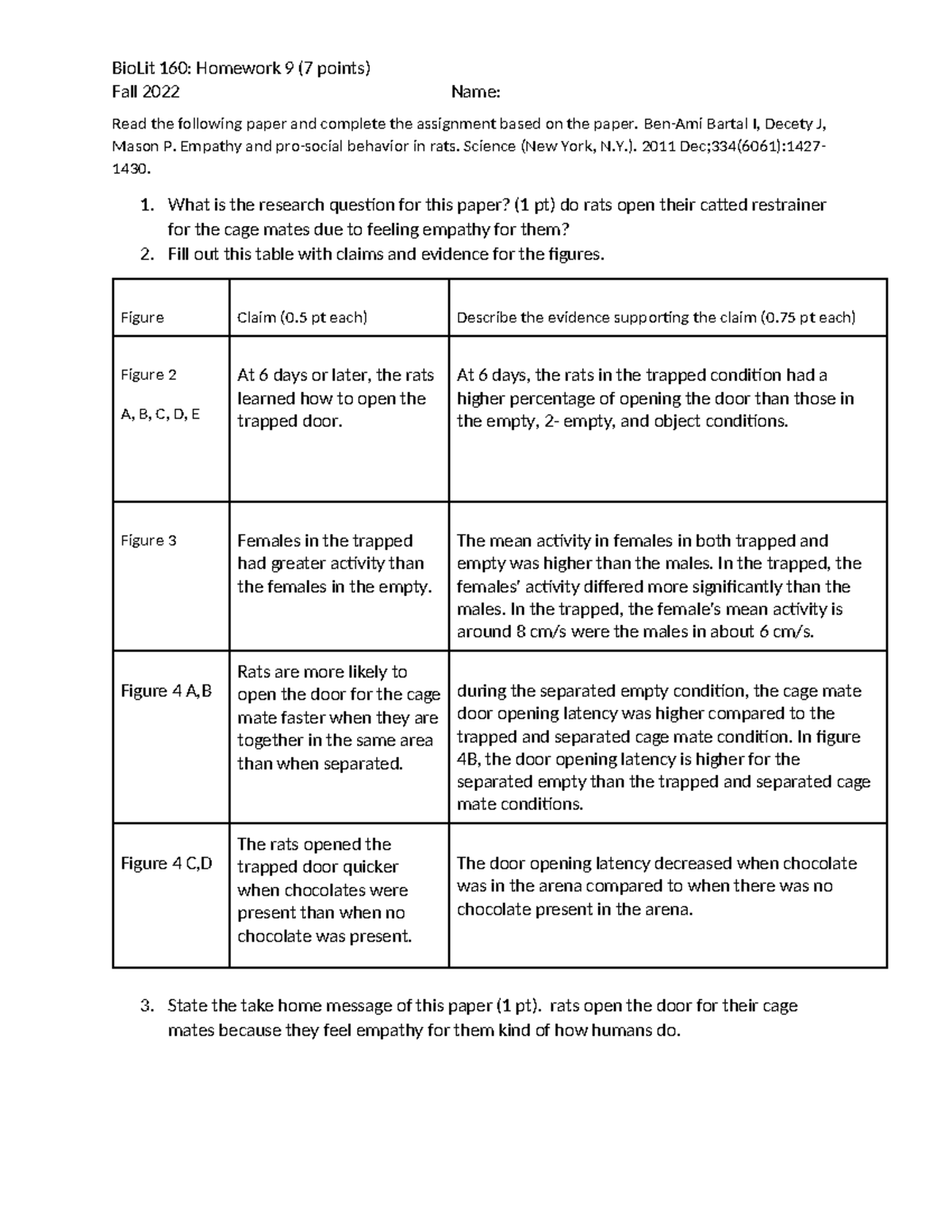 Hwk 9 - Homework assignment for week 9 of bio 159 - BioLit 160 ...