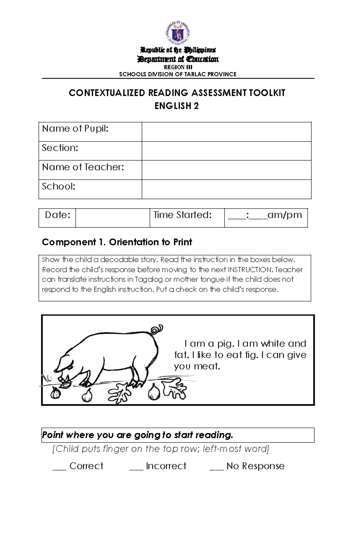 Contextualized Reading Assessment Toolkit Department Of Education Region Iii Schools Division