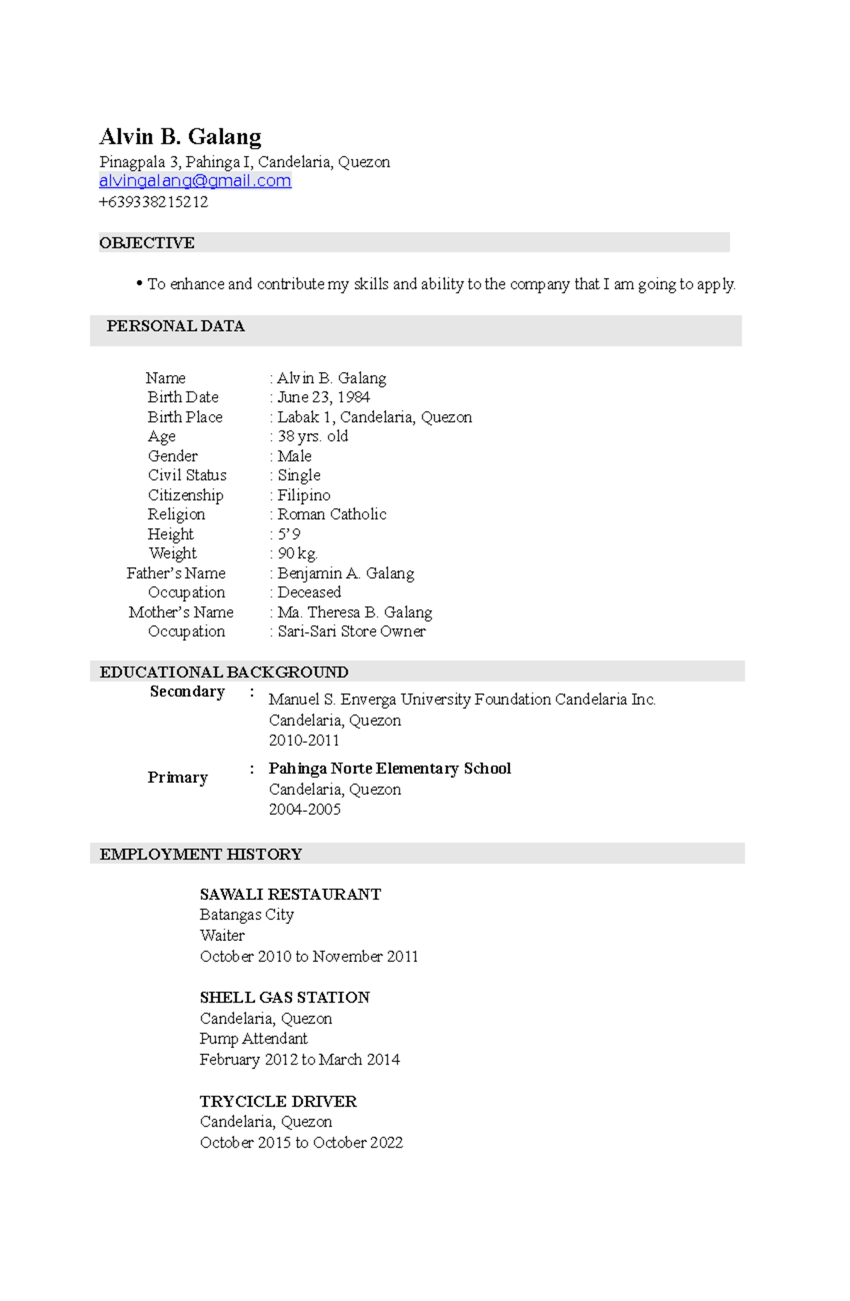 Jamaica - Copy - Resume - Sample - Alvin B. Galang Pinagpala 3, Pahinga ...