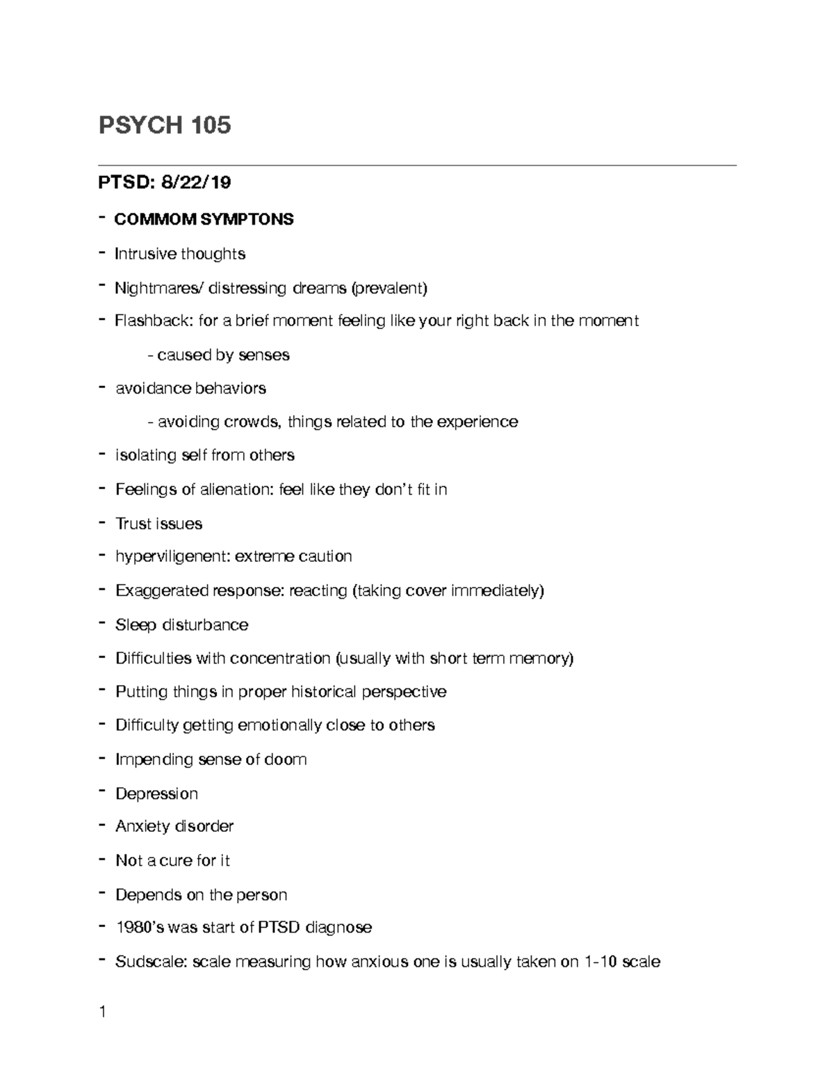 Psych 105 - Lecture notes lecture 1-4 - PSYCH 105 PTSD: 8/22/ - COMMOM ...