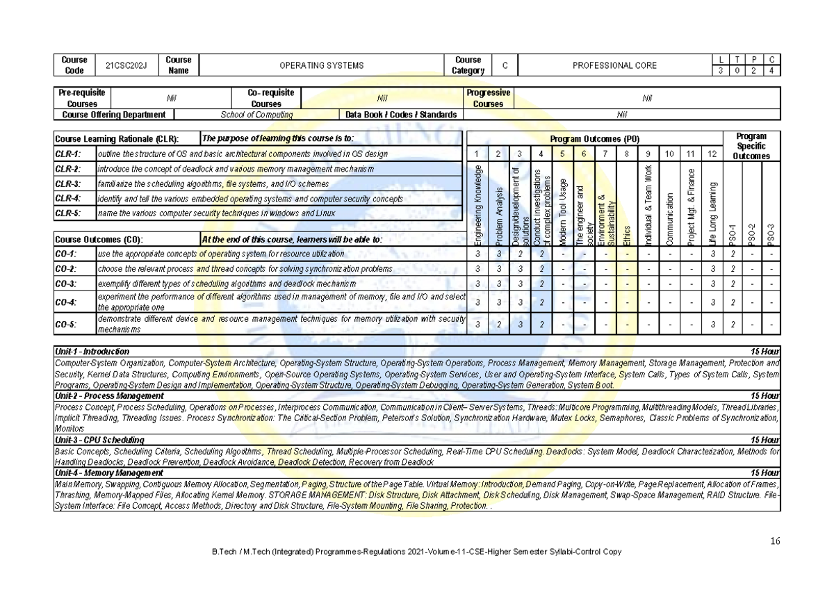 Syllabus and Lab Experiments of Operating Systems - 21CSC202J - 16 B / M (Integrated) - Studocu