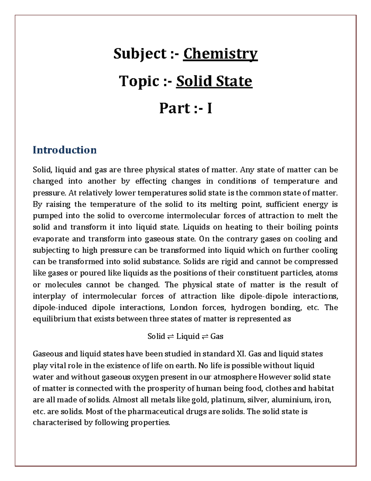 Solid State part 1 class notes - chemistry - Studocu
