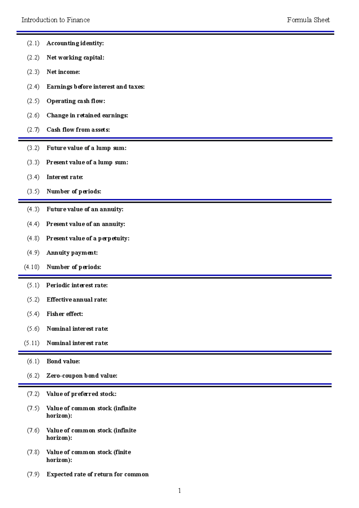 FINA501 Formula Sheet 2020 - Introduction to FinanceFormula Sheet (2 ...