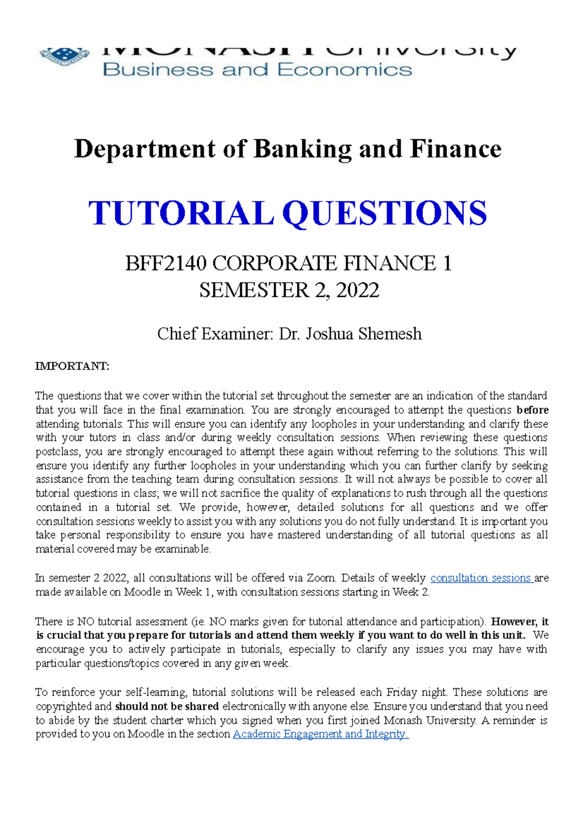 BFF2140 Tutorial Questions - Department of Banking and Finance TUTORIAL ...