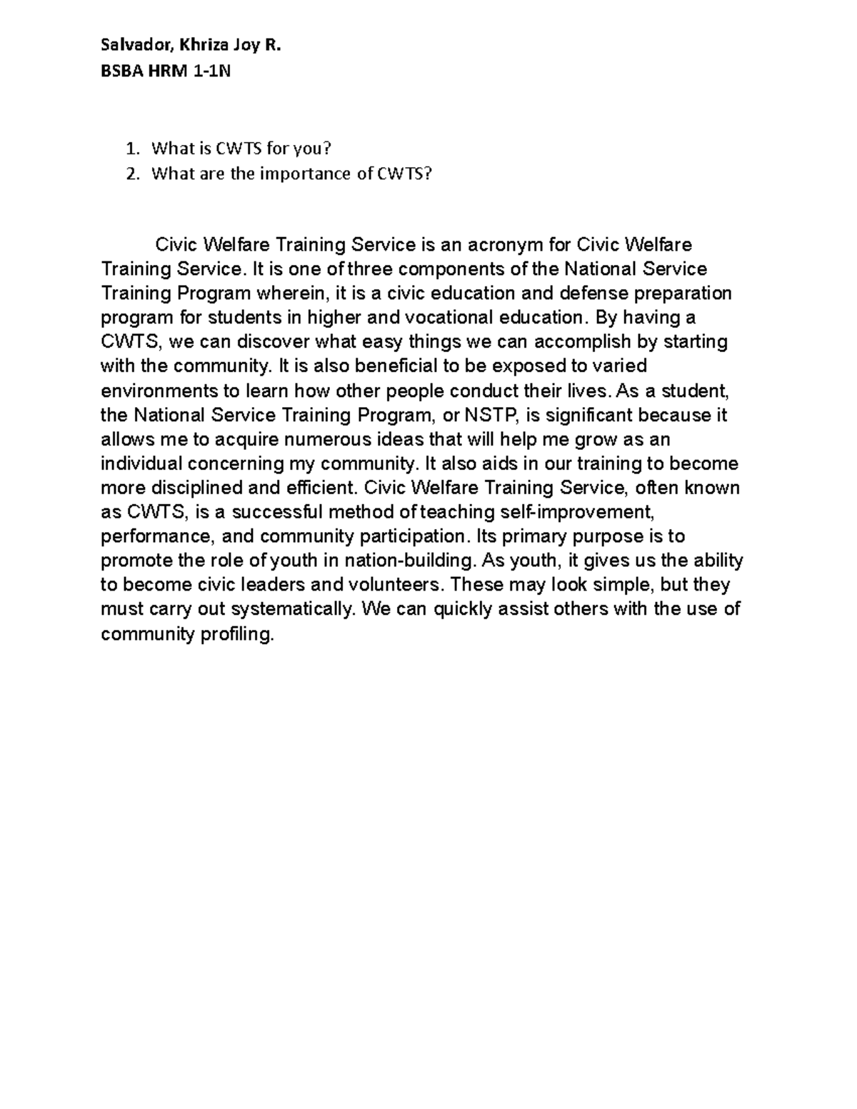 Essay-CWTS - CWTS - Salvador, Khriza Joy R. BSBA HRM 1-1N What is CWTS ...