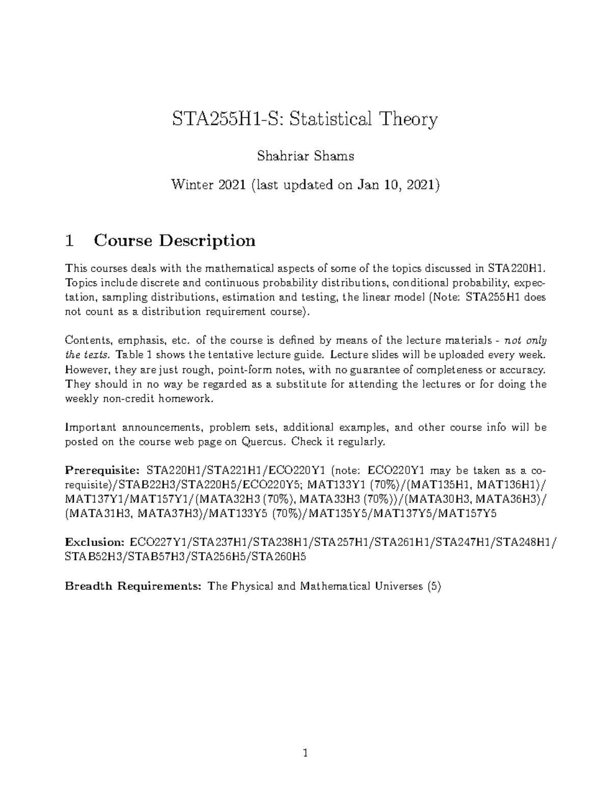 STA255 W2021 Course Outline - STA255H1-S: Statistical Theory Shahriar ...