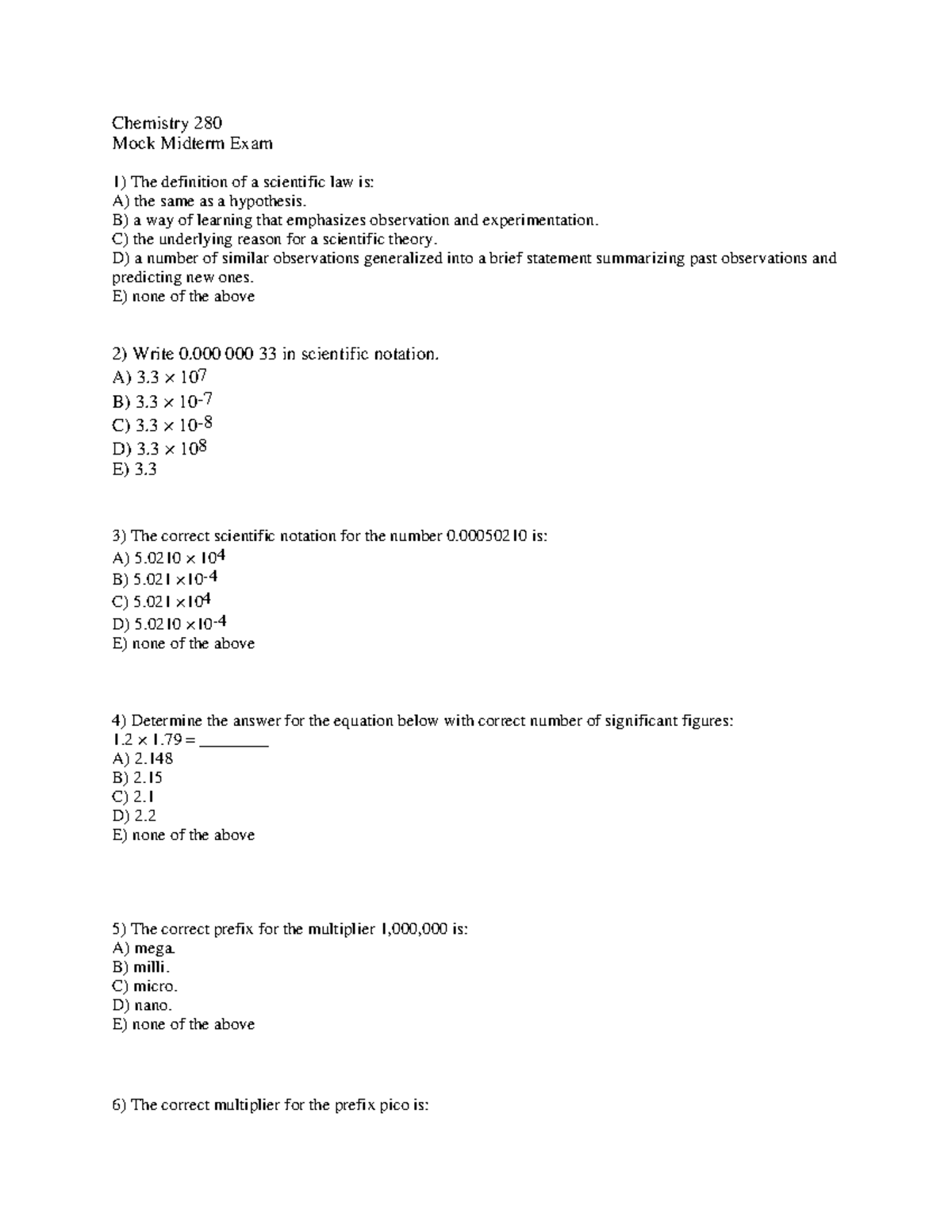 Chem 280 Mock Midterm Exam - Chemistry 2 80 Mock Midterm Exam 1 ) The ...