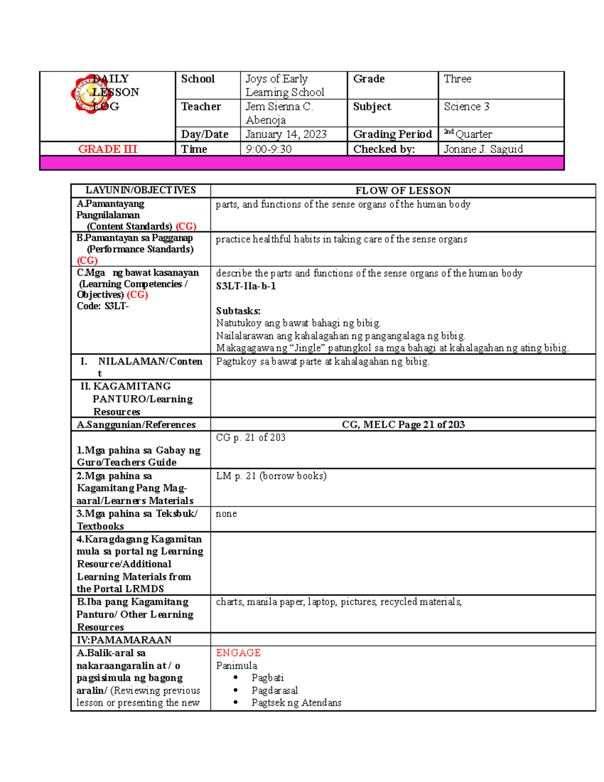 Abenoja DLP - For educational purposes - DAILY LESSON LOG School Joys of Early Learning School ...