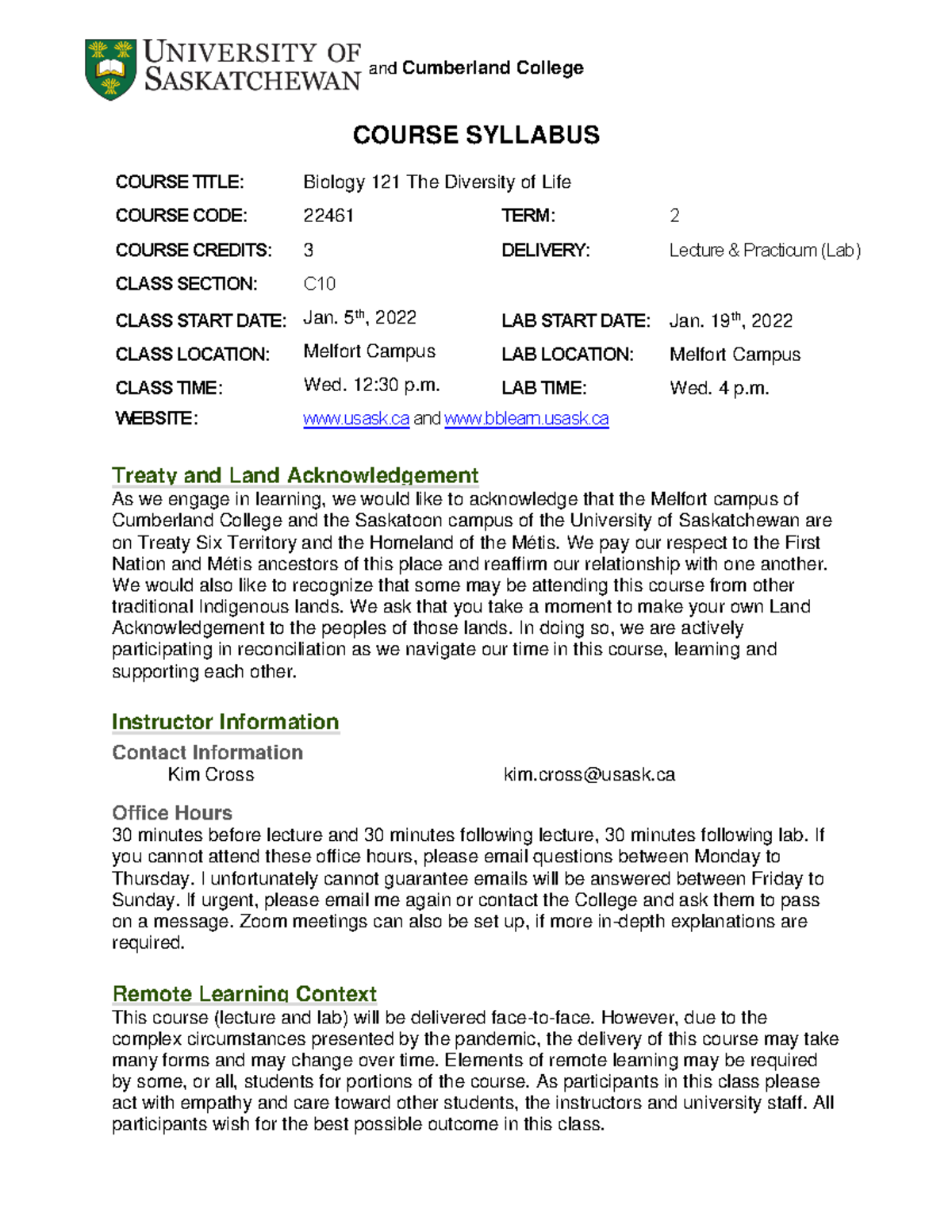 121 syllabus and course outline c10 2021 22 - and Cumberland College COURSE SYLLABUS COURSE ...