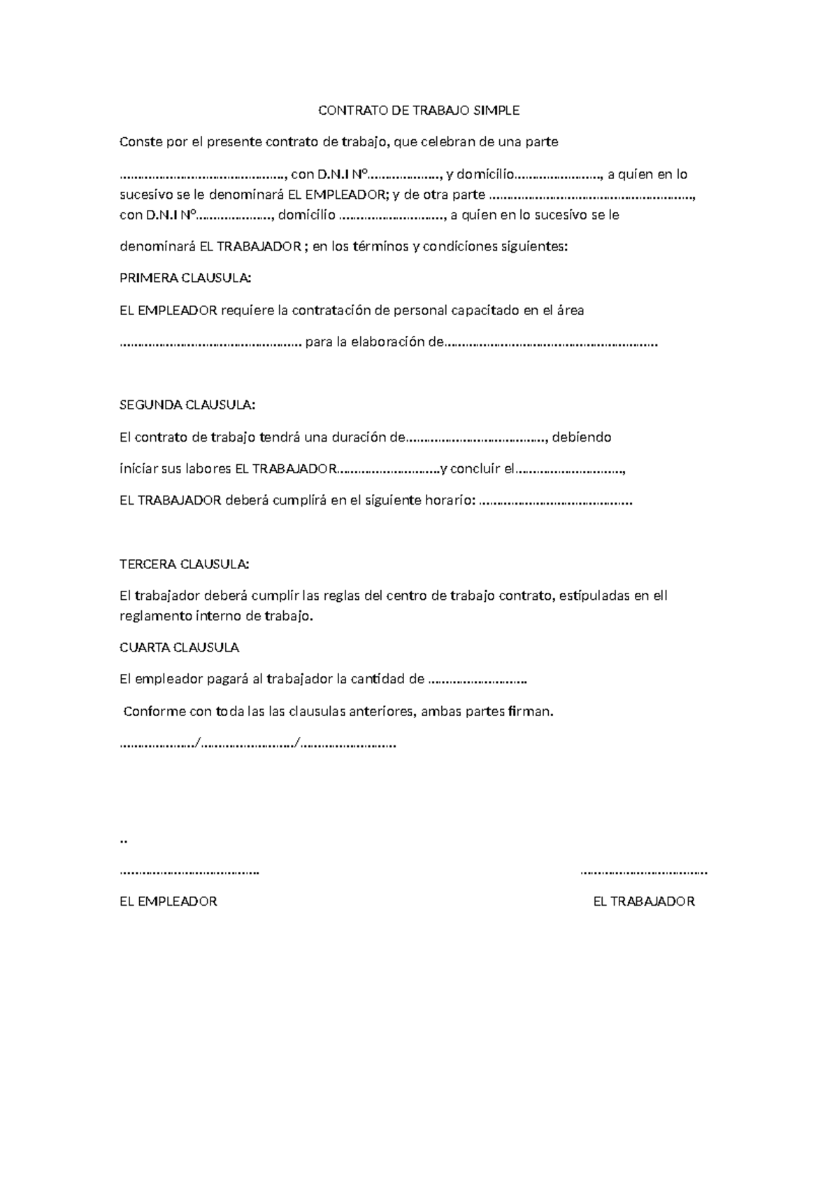 Contrato DE Trabajo Simple - CONTRATO DE TRABAJO SIMPLE Conste por el ...