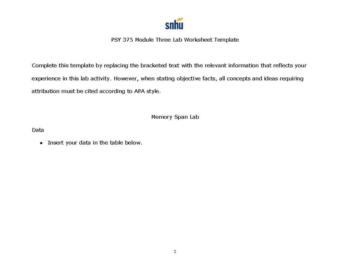 PSY 375 Module Three Lab Worksheet - However, when stating objective ...