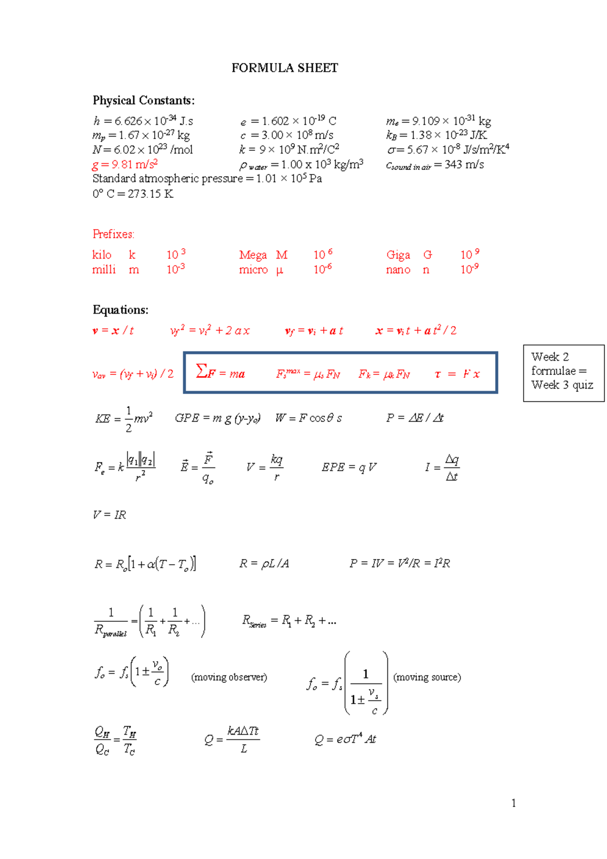 Formula Sheet S 1-2021-Week2 - 1 FORMULA SHEET Physical Constants: = 6 ...