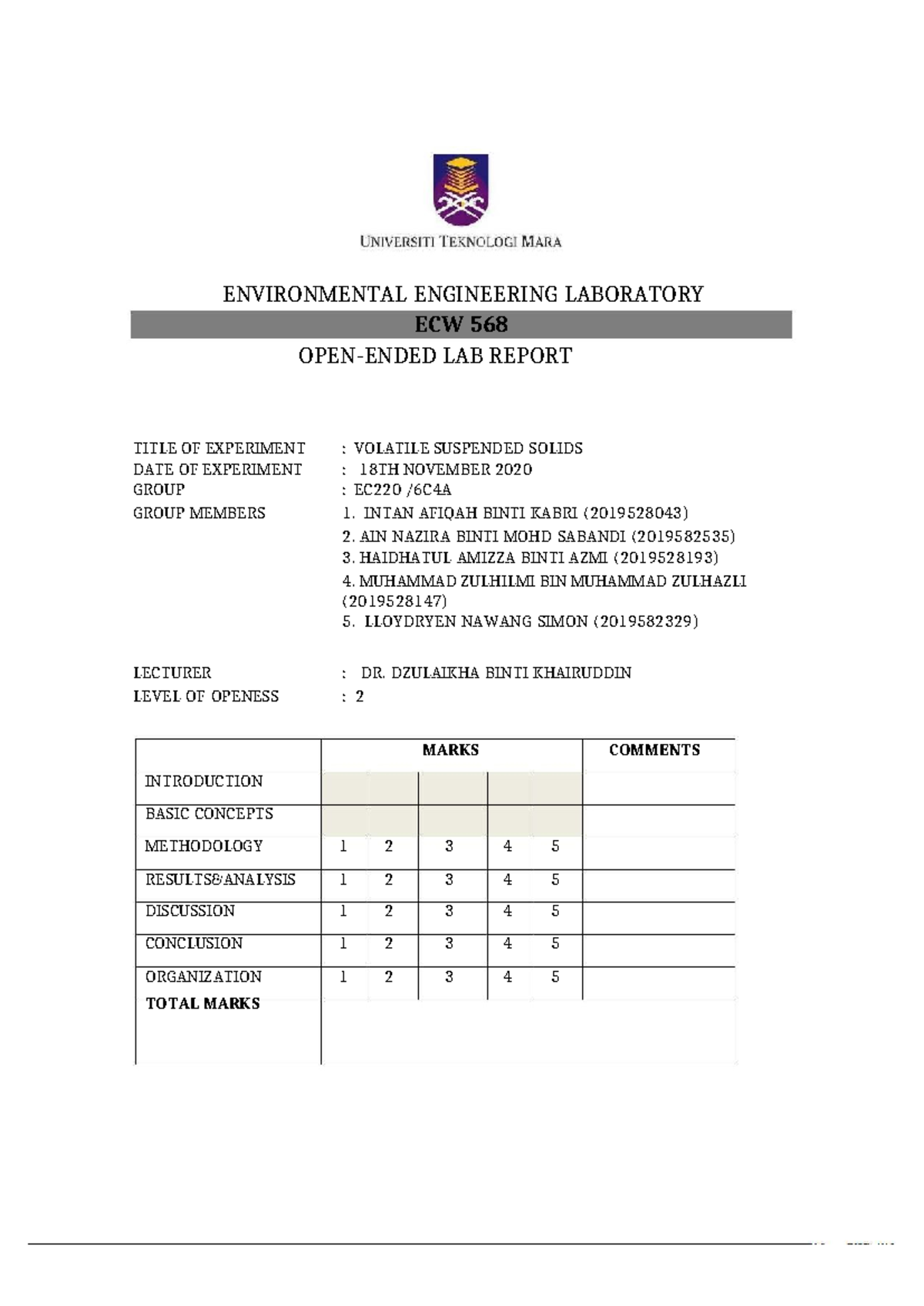Volatile-suspended-solid-lab-report compress - ENVIRONMENTAL ENGINEERING LABORATORY ECW 568 ...