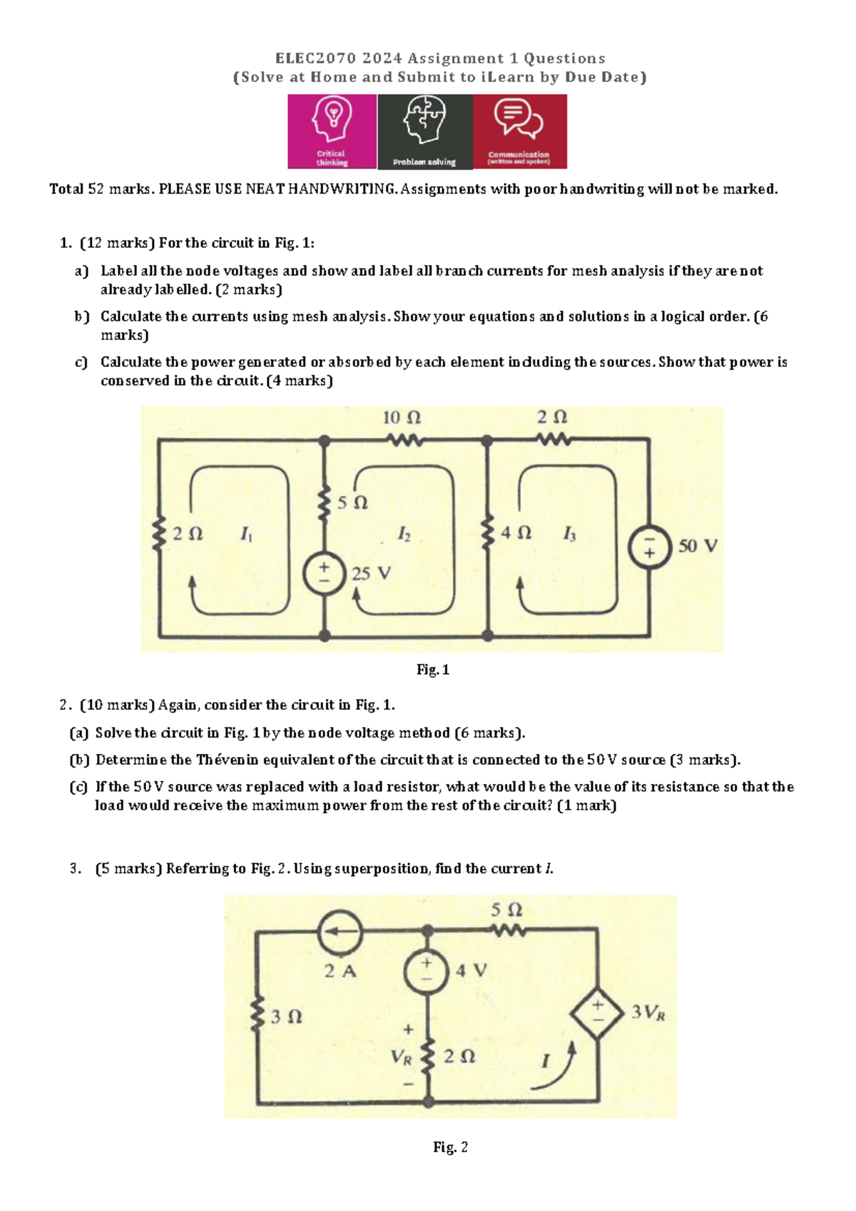 ELEC 2070 2024 Assignment 1 Questions - ELEC 20 70 20 24 Assignment 1 Questions (Solve at Home ...