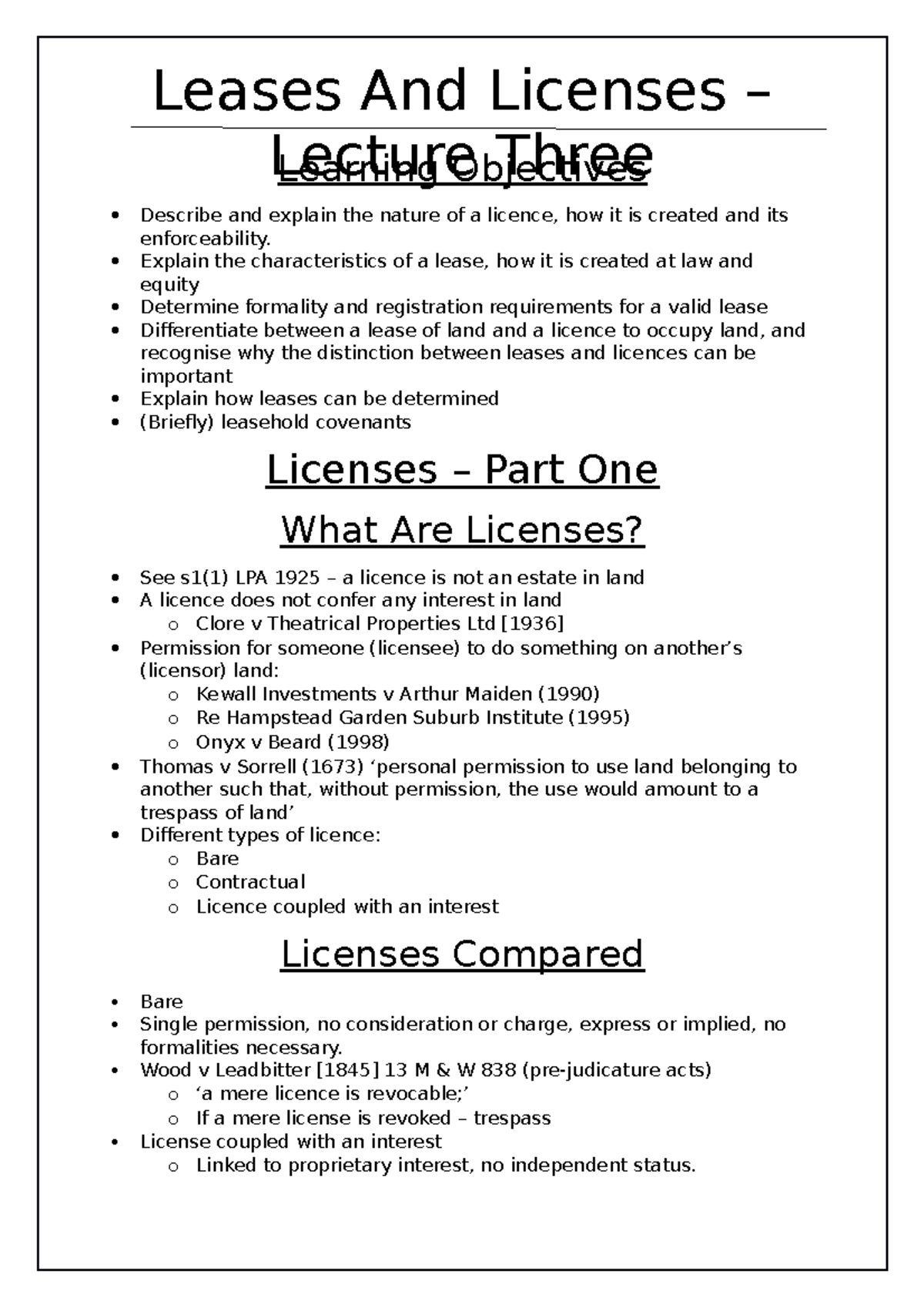 Land Law Lecture 3 - Learning Objectives Describe and explain the ...