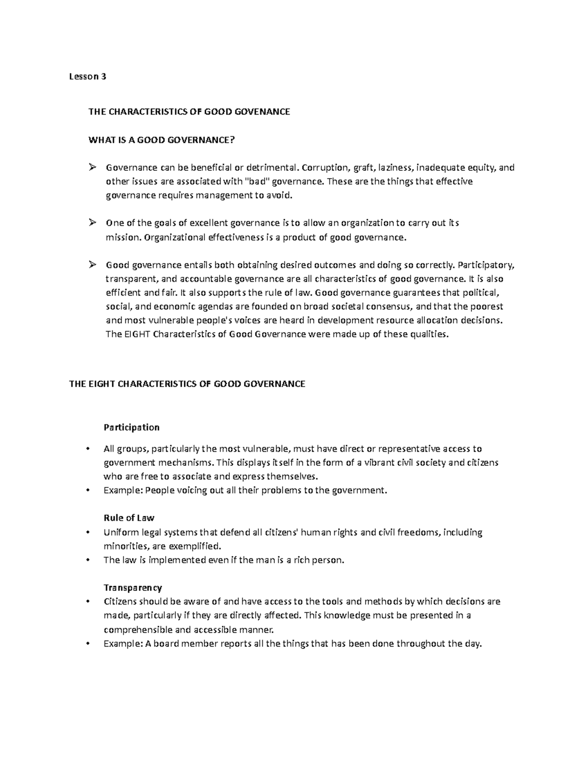 Lesson 3 and 4. Governance - Lesson 3 THE CHARACTERISTICS OF GOOD ...
