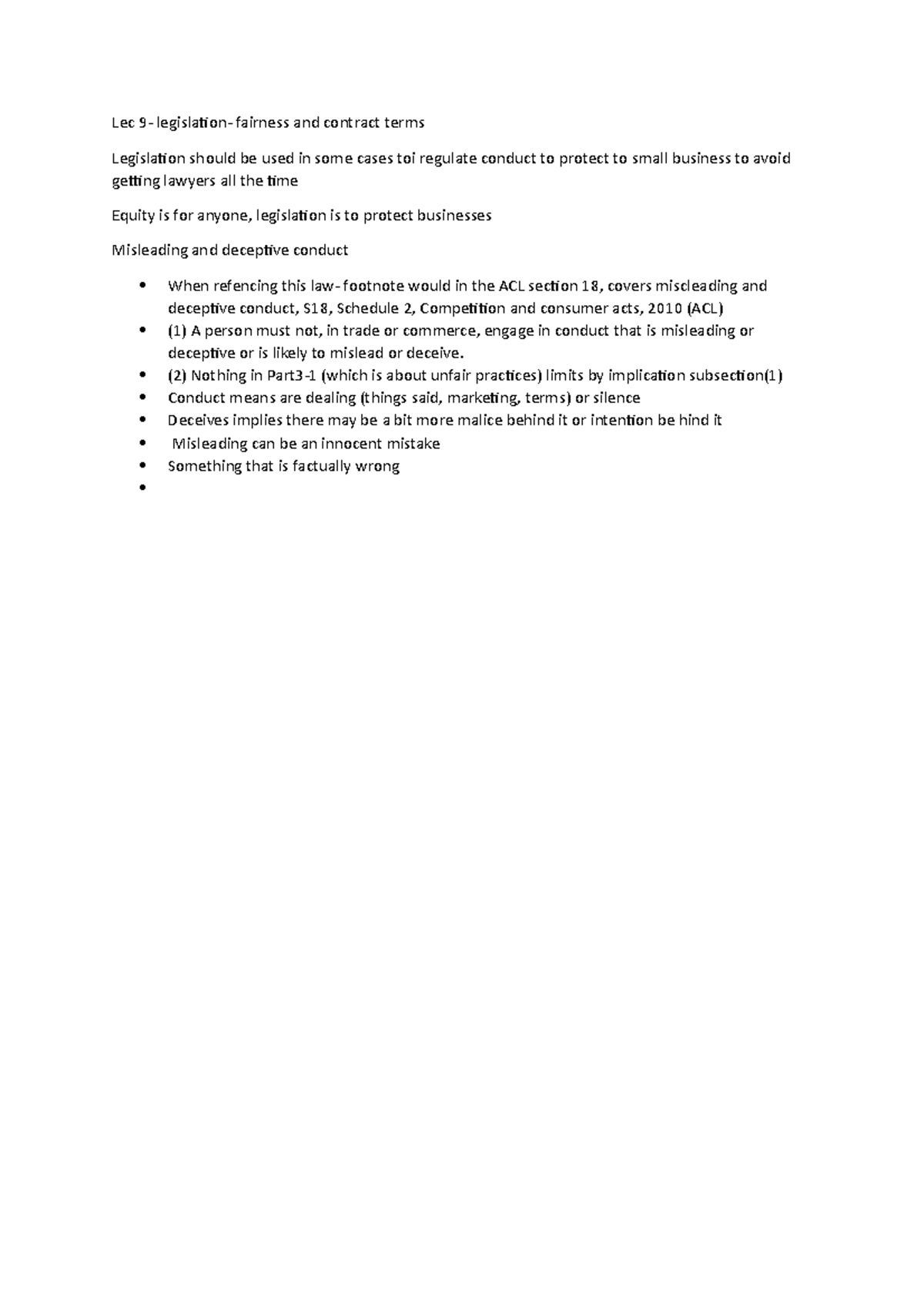 Lec 9 - brief lecture notes - Lec 9- legislation- fairness and contract ...