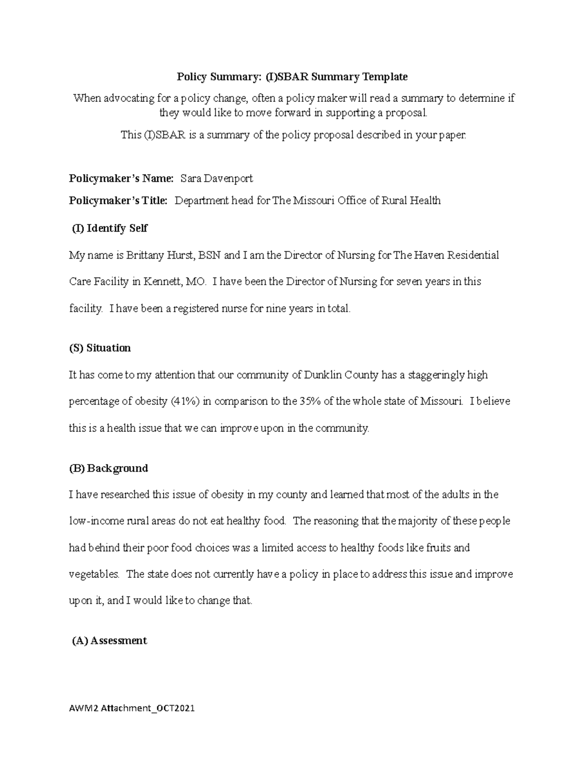(I)SBAR Summary Template 2 - Policy Summary: (I)SBAR Summary Template ...