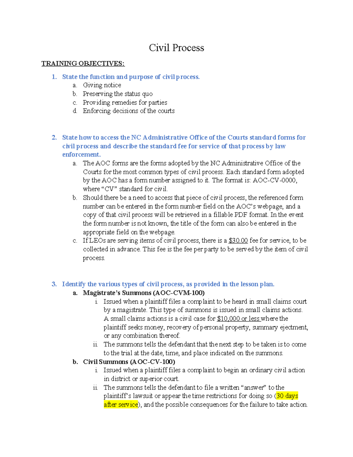 30. Civil Process - Blet objectives - Civil Process TRAINING OBJECTIVES ...