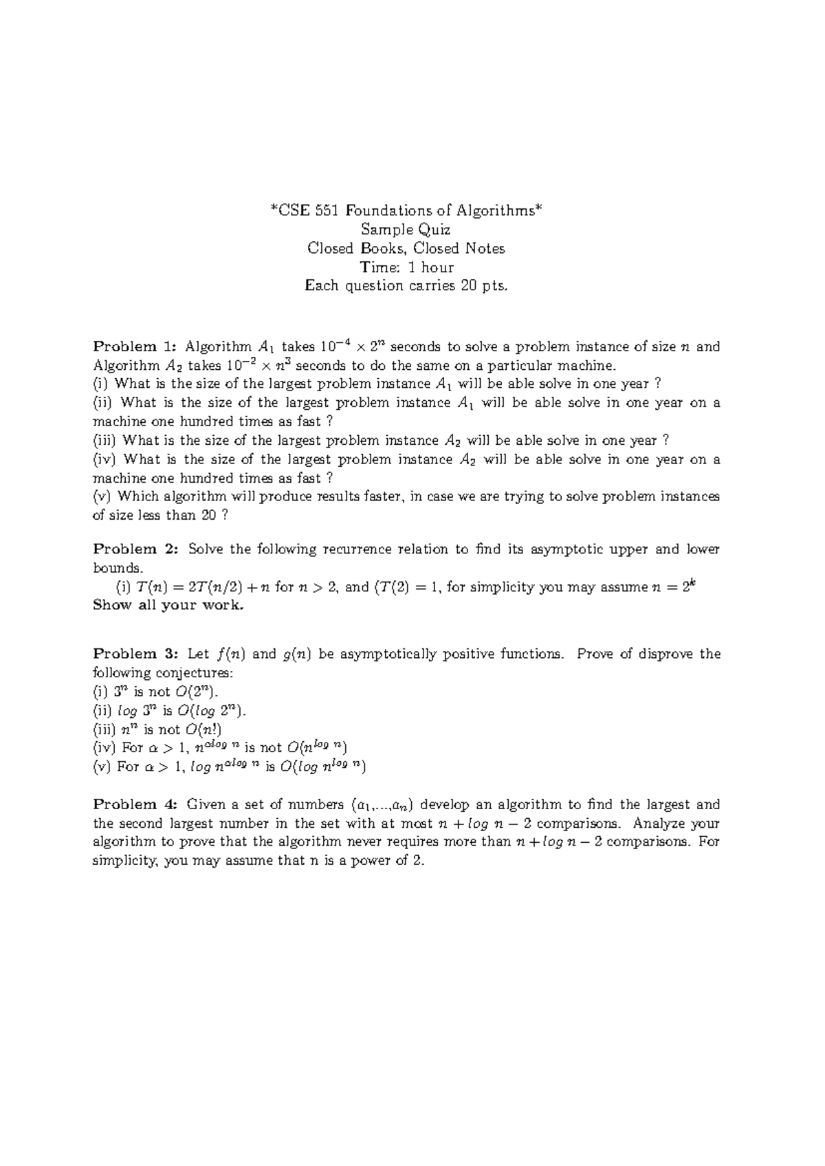 Sample Quiz 1 Quiz Questions Cse 551 Foundations Of Algorithms Sample Quiz Closed Books 