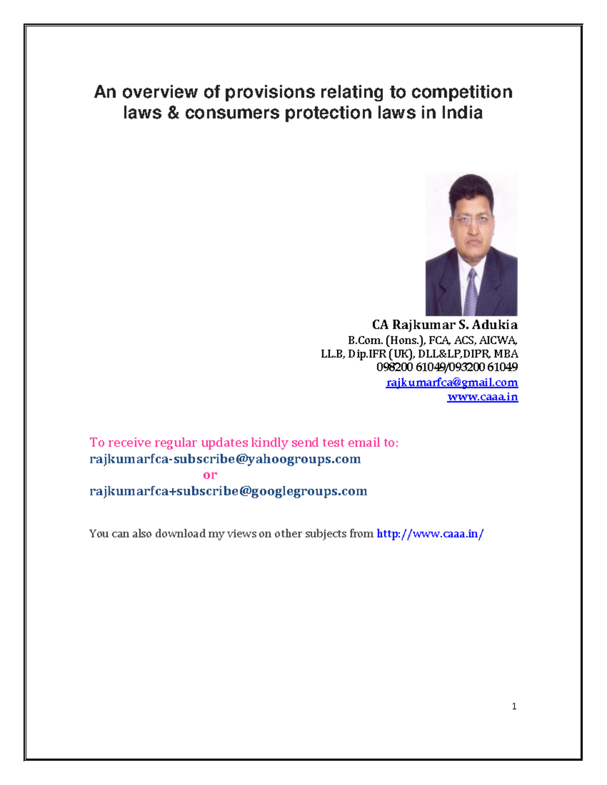 Competition laws - An overview of provisions relating to competition laws & consumers protection ...