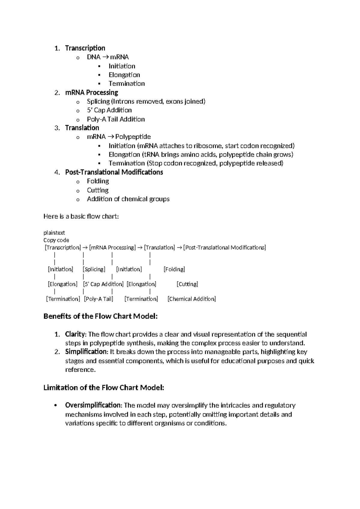 Biology flow chart - 1. Transcription o DNA → mRNA Initiation ...