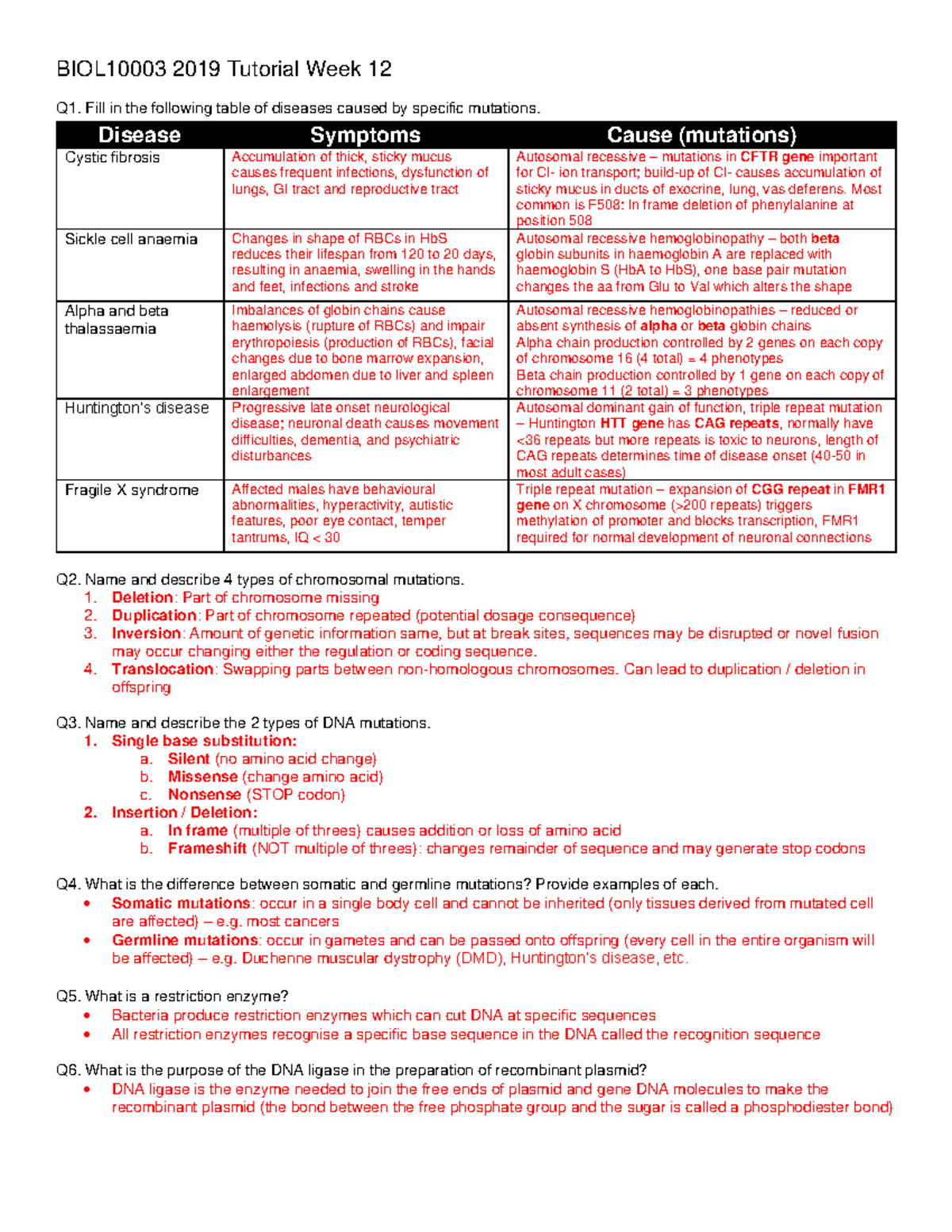 BIOL10003 2019 Tutorial Week 12 - Answers - Warning: TT: undefined function: 32 BIOL10003 2019 ...