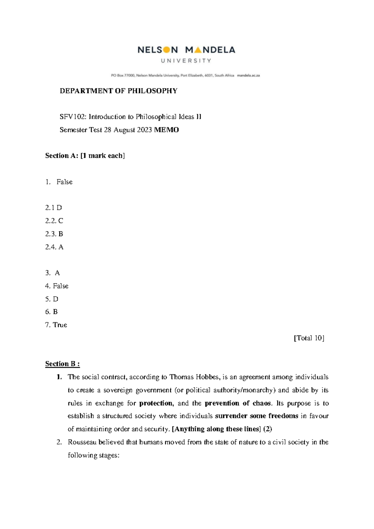 Memo for the test - memo for sfv102 test - DEPARTMENT OF PHILOSOPHY ...