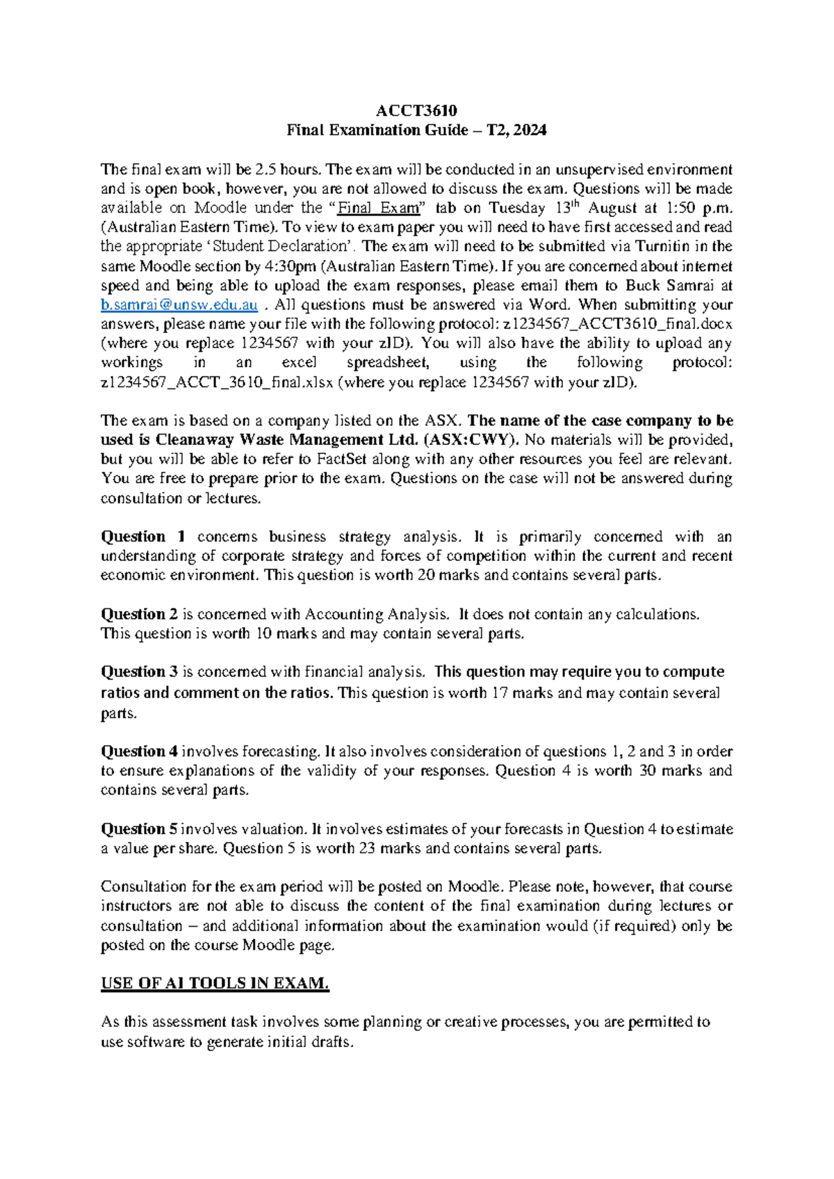 ACCT3610 T2 Final Exam Announcement - ACCT 3610 Final Examination Guide ...