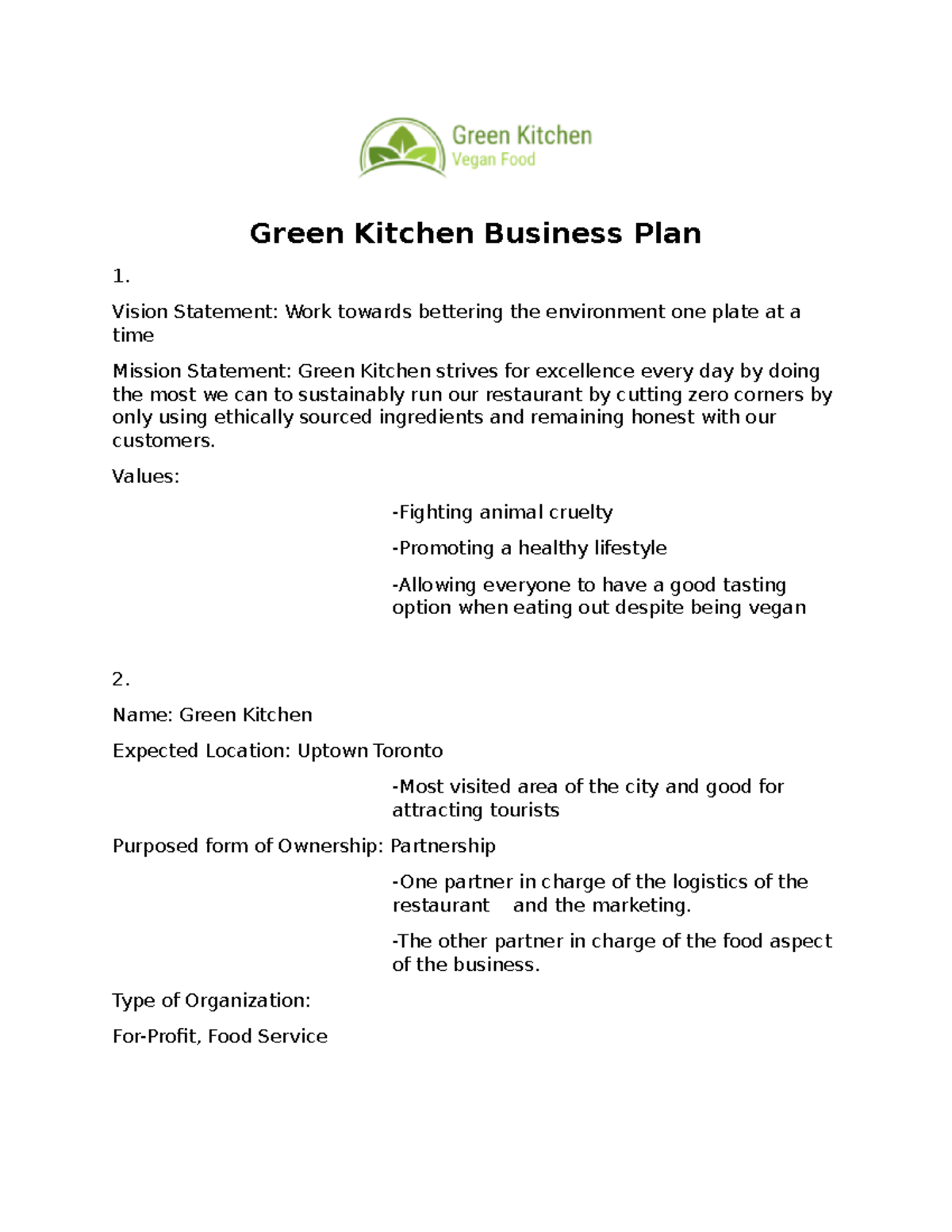 Group 2 Business Plan - Green Kitchen Business Plan 1. Vision Statement ...
