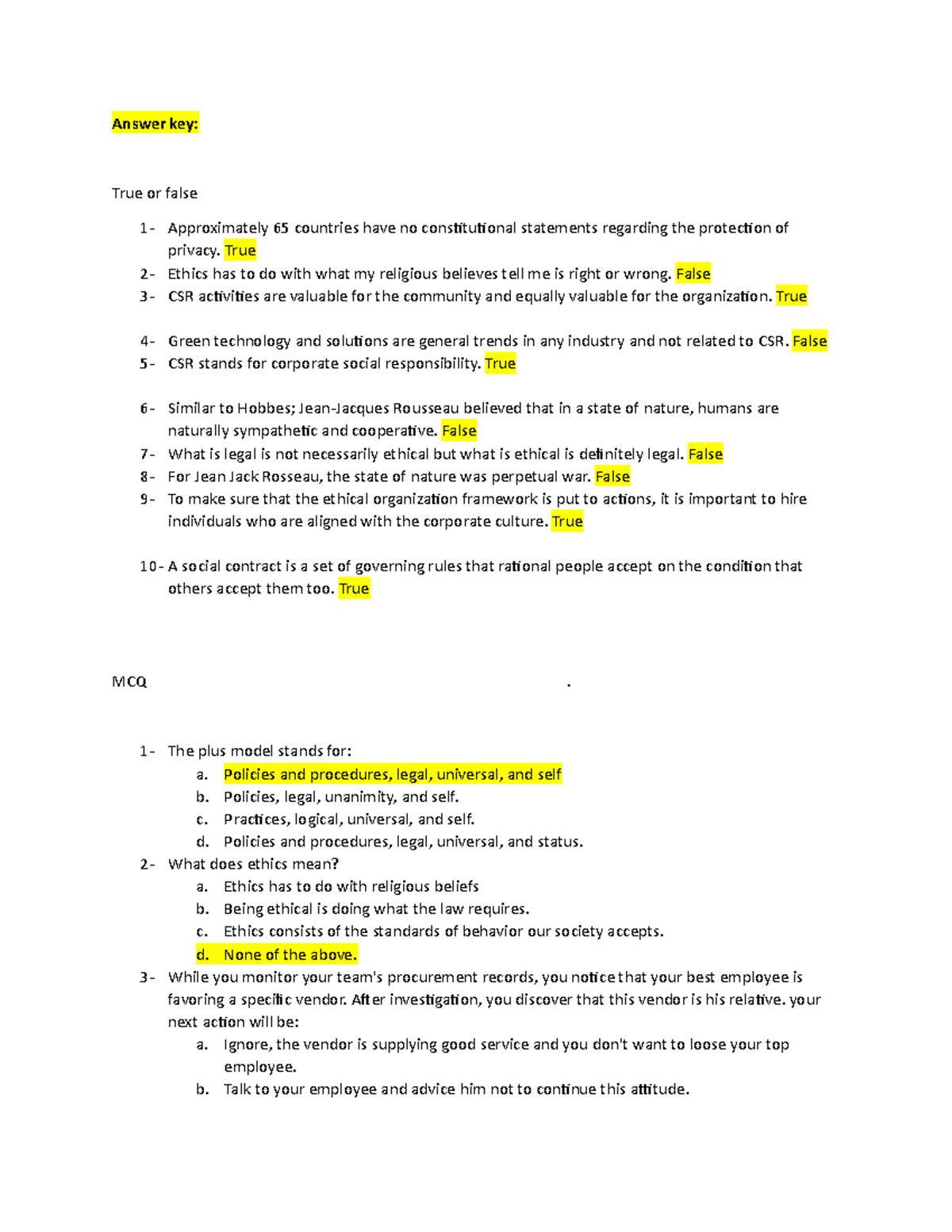 Quiz answer key - Answer key: True or false 1- Approximately 65 ...