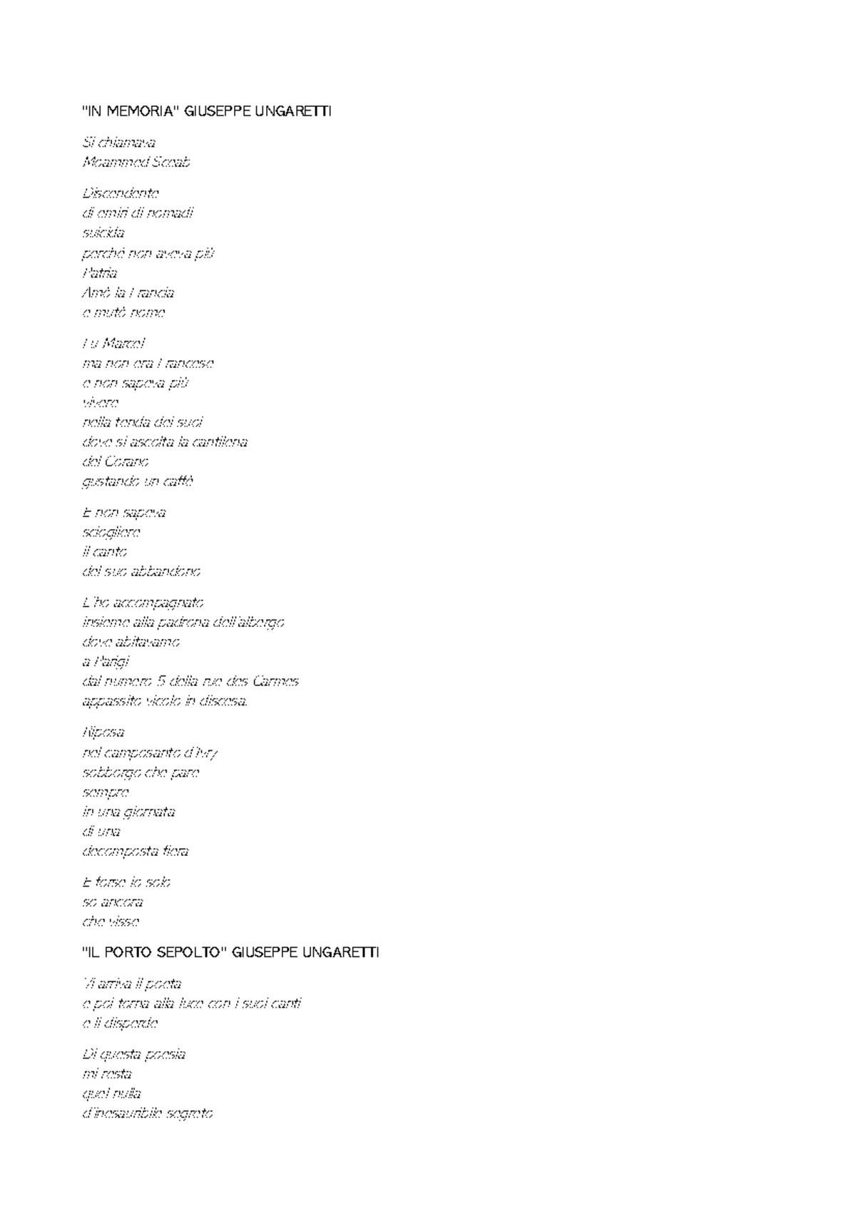 Poesie letteratura contemporanea - “IN MEMORIA” GIUSEPPE UNGARETTI Si ...