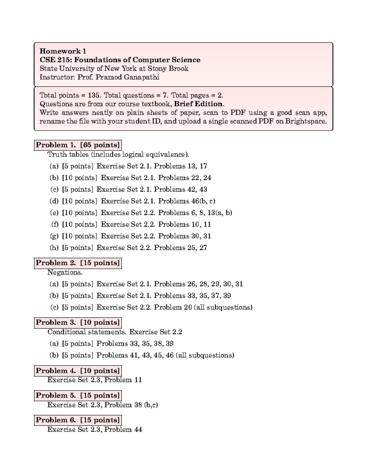 Hw1 problems - Homework 1 CSE 215: Foundations of Computer Science State University of New York ...