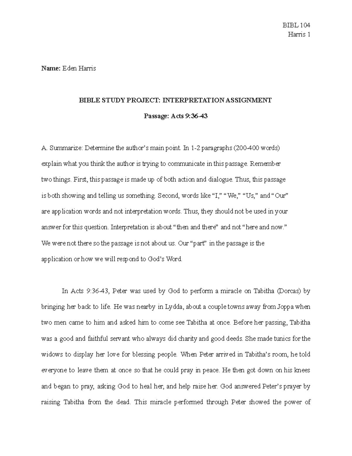 Bible Study Project Interpretation Assignment Acts 9 36-43 - Harris 1 ...