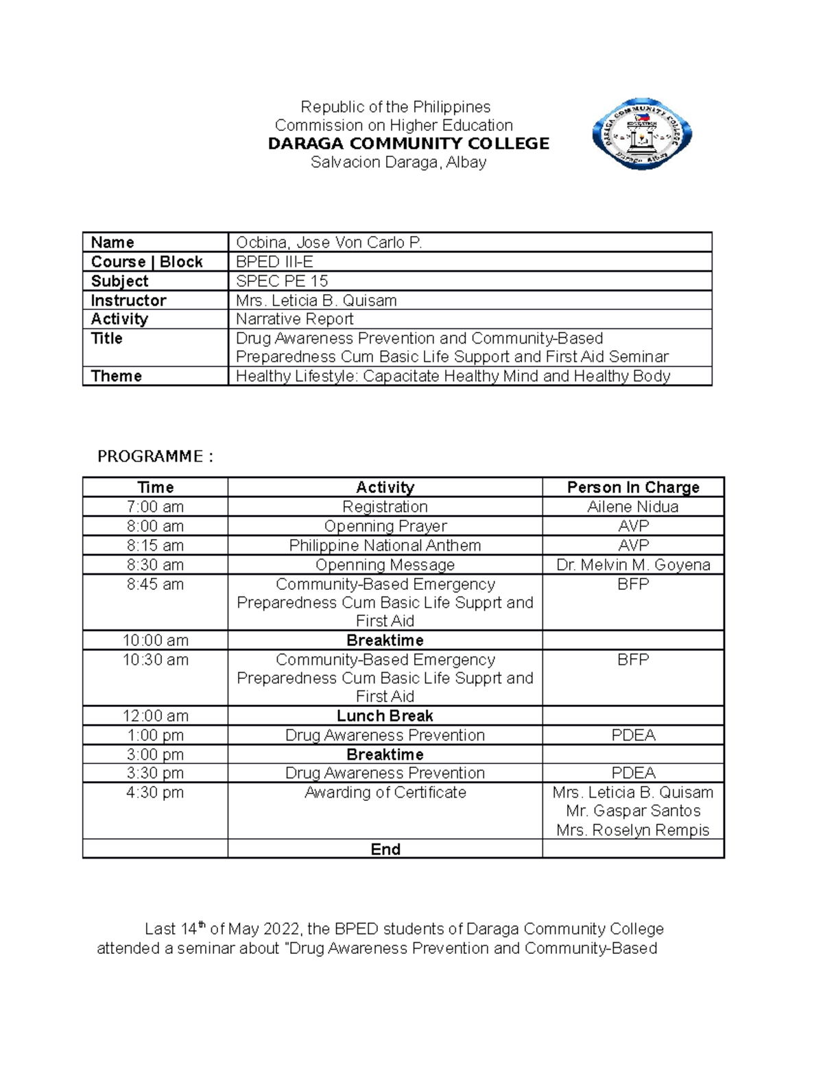 Final Narrative Report by Mr - Republic of the Philippines Commission ...