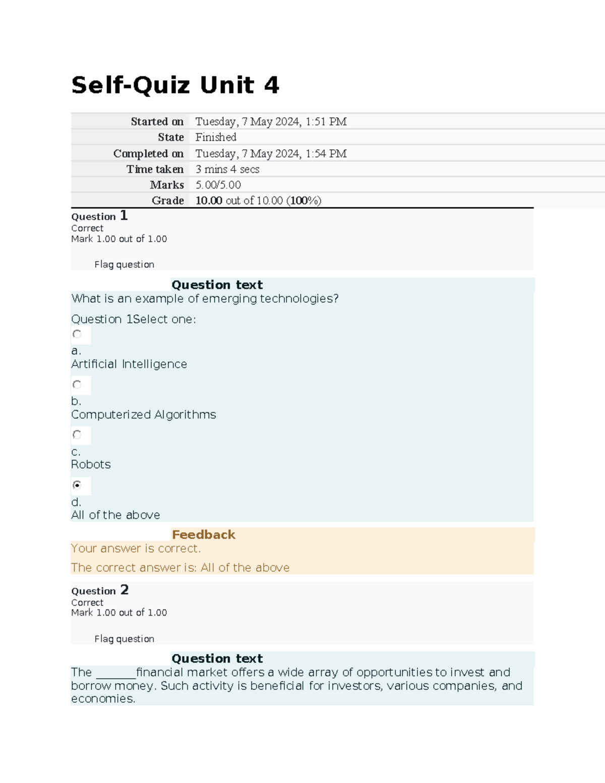 Globalization self quiz 4 - Self-Quiz Unit 4 Started on Tuesday, 7 May 2024, 1:51 PM State ...