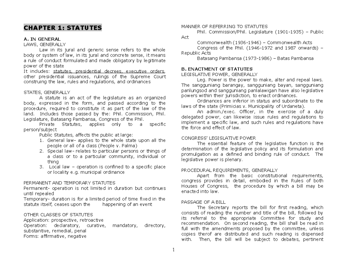 Statcon-Agpalo-Summary - CHAPTER 1: STATUTES A. IN GENERAL LAWS ...