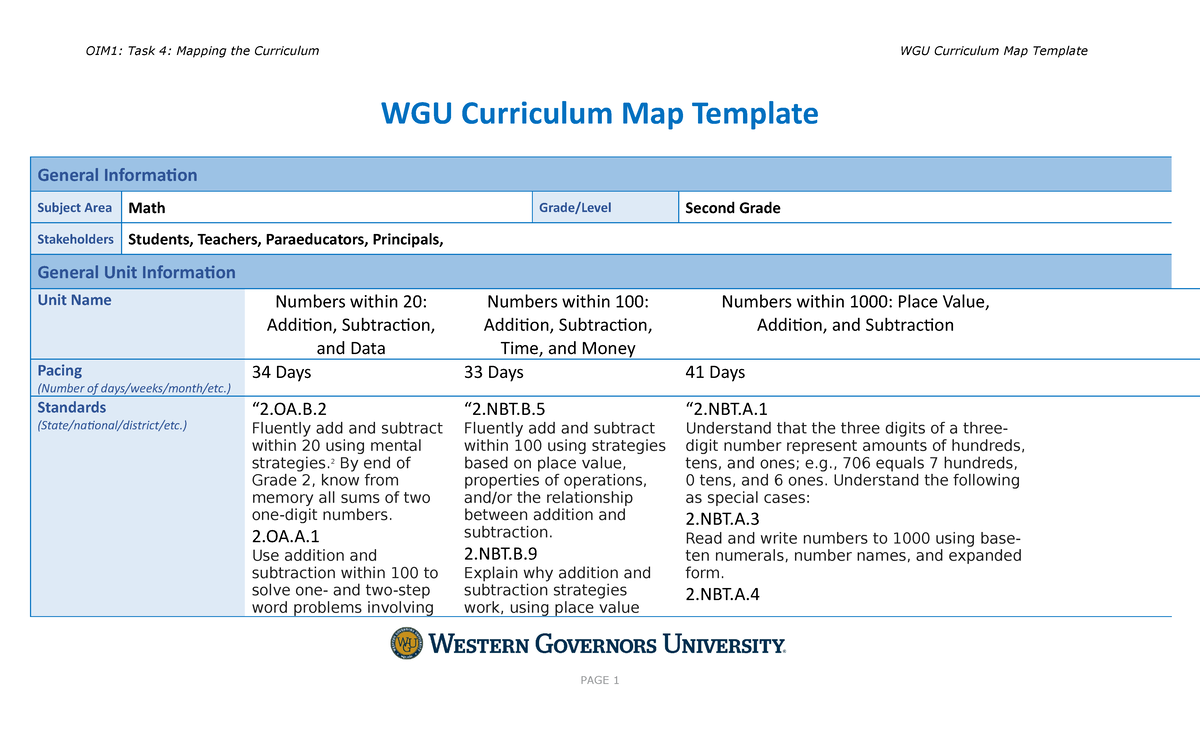 D183 Task 4 WGU - WGU Curriculum Map Template General Information ...