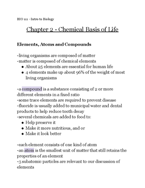 CH 2 Chemical Basis of Life - BIO 111 Notes - BIO 111 - Intro to ...